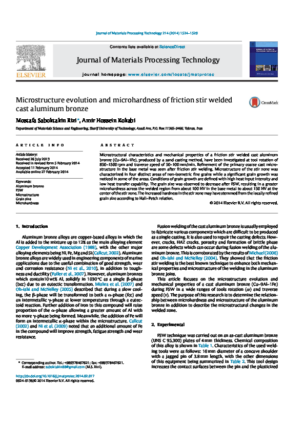 (PDF) Microstructure evolution and microhardness of friction stir welded cast aluminum bronze
