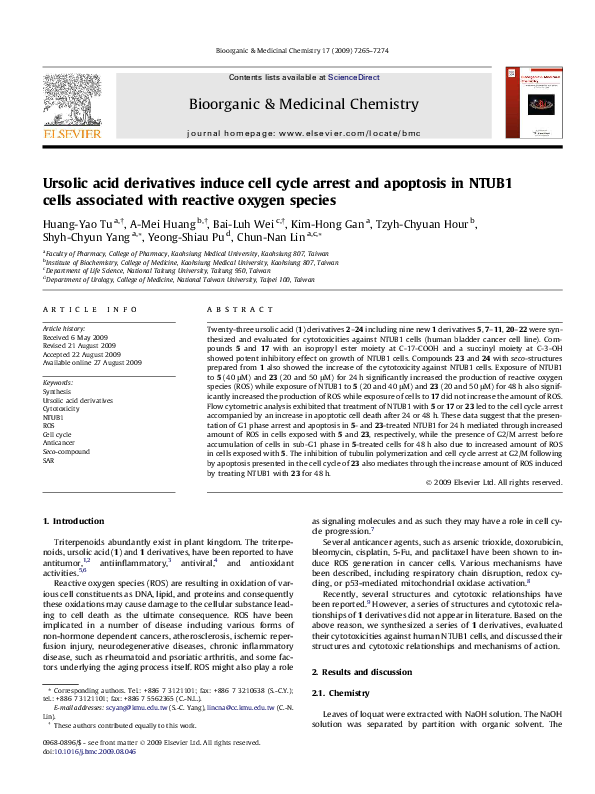 (PDF) Ursolic acid derivatives induce cell cycle arrest and apoptosis in NTUB1 cells associated ...