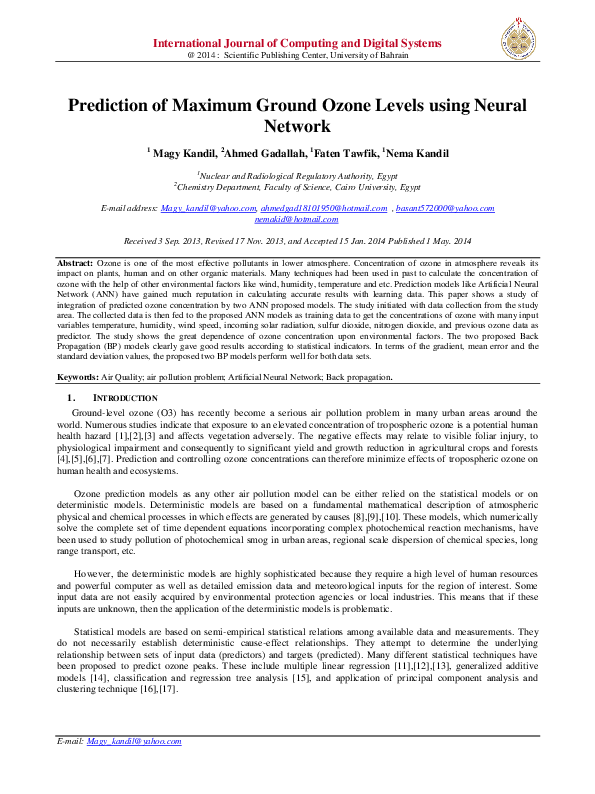 (PDF) Prediction of Maximum Ground Ozone Levels using Neural Network