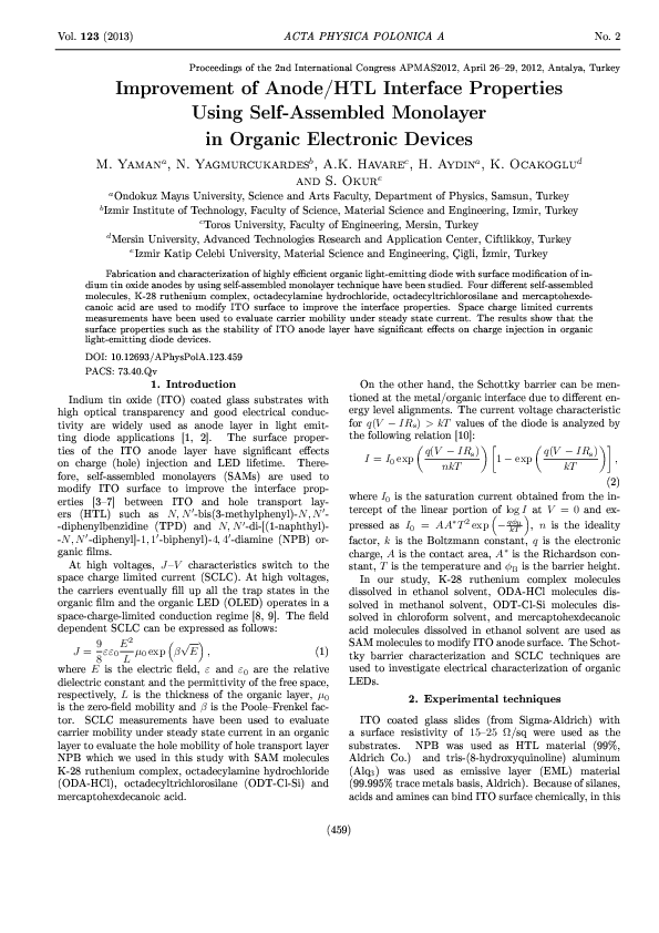 (PDF) Improvement of Ano de/HTL Interface Prop erties Using Self-Assembled Monolayer in Organic ...