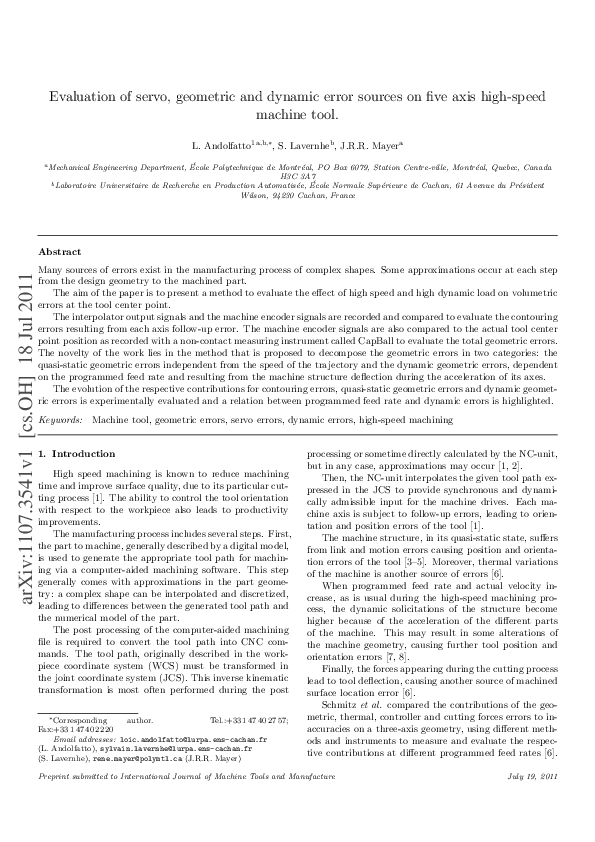 Pdf Evaluation Of Servo Geometric And Dynamic Error Sources On Five Axis High Speed Machine Tool