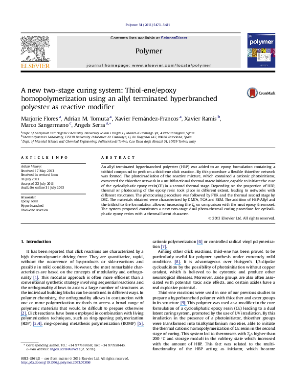 (PDF) A new two-stage curing system: Thiol-ene/epoxy homopolymerization ...