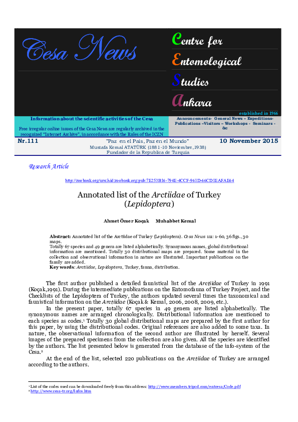 (PDF) Annotated list of the Arctiidae of Turkey (Lepidoptera). Cesa News 111: 1-60, 36 figs., 30 ...