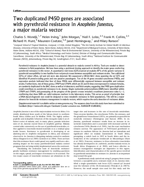 (PDF) Two duplicated P450 genes are associated with pyrethroid resistance in Anopheles funestus ...