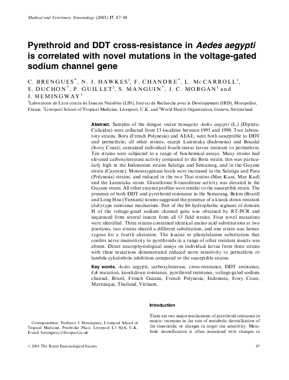 (PDF) Pyrethroid and DDT cross-resistance in Aedes aegypti is correlated with novel mutations in ...