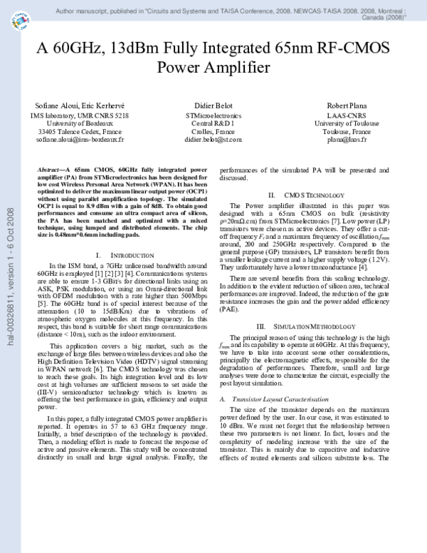 (PDF) A 60GHz, 13 dBm fully integrated 65nm RF-CMOS power amplifier
