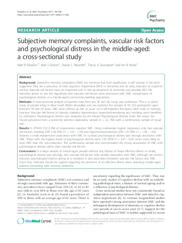 (PDF) Subjective memory complaints, vascular risk factors and ...