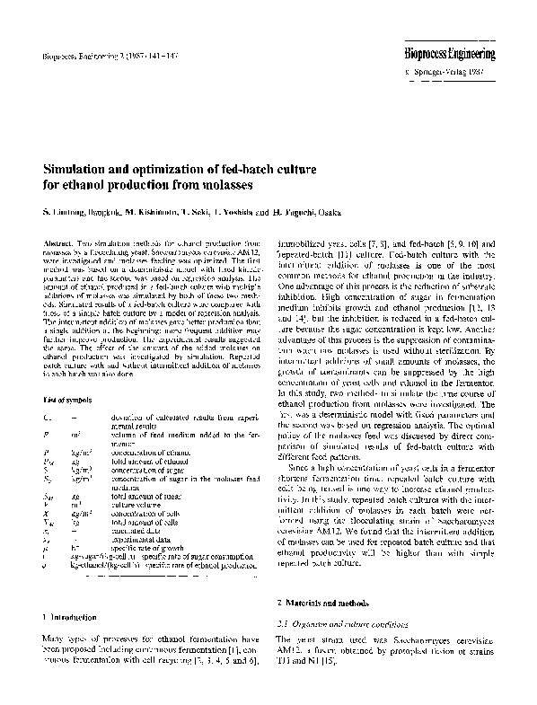 Pdf Simulation And Optimization Of Fed Batch Culture For Ethanol Production From Molasses