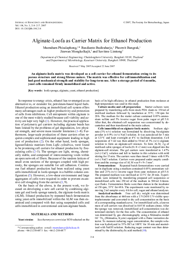 (PDF) Alginate-loofa as carrier matrix for ethanol production