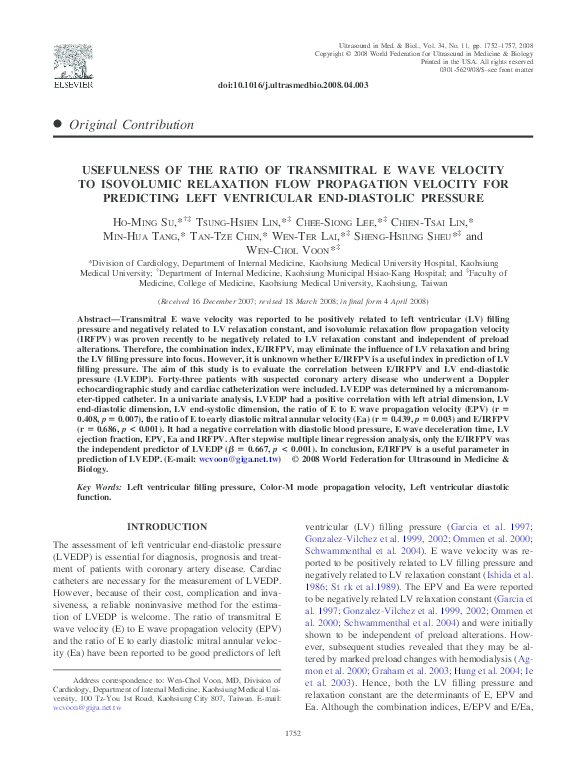 (PDF) Usefulness of the Ratio of Transmitral E Wave Velocity to ...