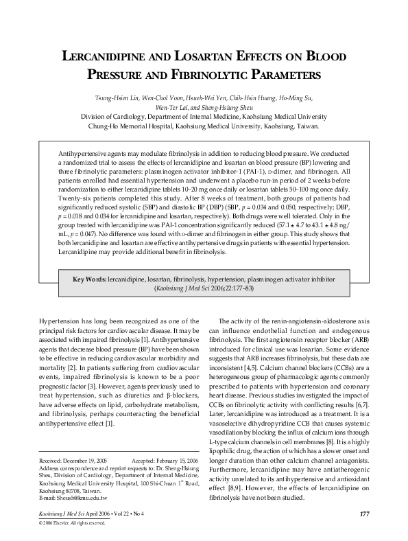 (PDF) Lercanidipine and Losartan Effects on Blood Pressure and Fibrinolytic Parameters
