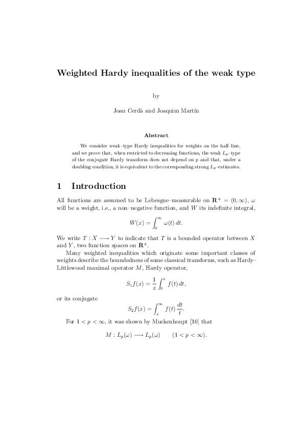 (PDF) Weighted Hardy inequalities of the weak type | Joaquim Martín ...