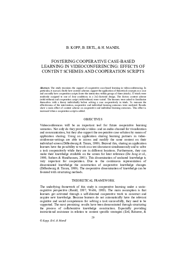 (PDF) Fostering cooperative case-based learning in videoconferencing: Effects of content schemes ...