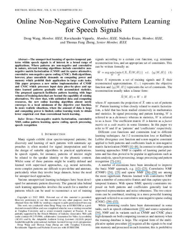 Pdf Online Non Negative Convolutive Pattern Learning For Speech Signals