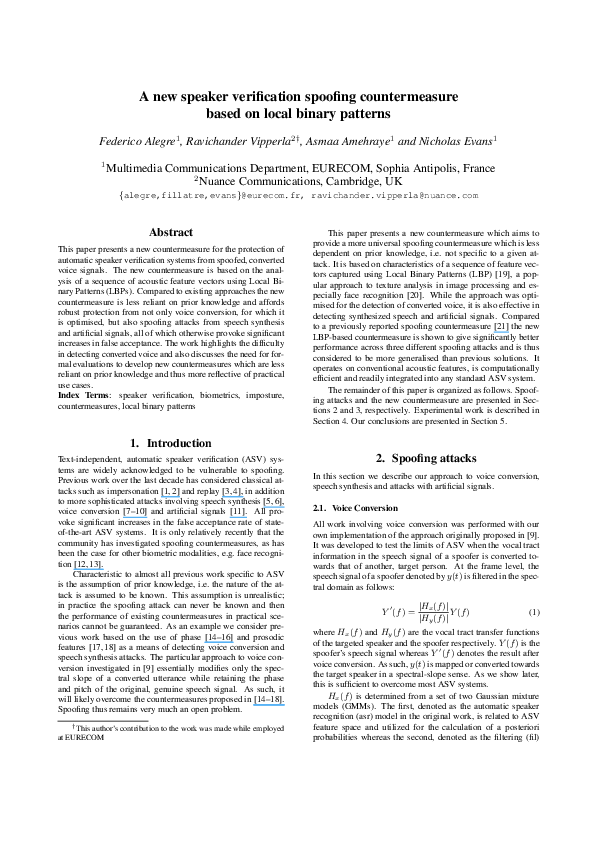Pdf A New Speaker Verification Spoofing Countermeasure Based On Local Binary Patterns