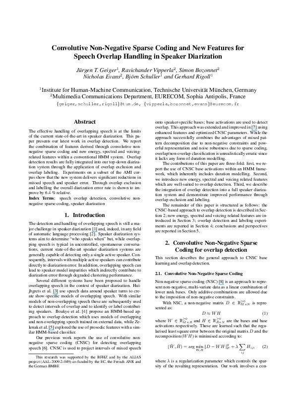 Pdf Convolutive Non Negative Sparse Coding And New Features For Speech Overlap Handling In