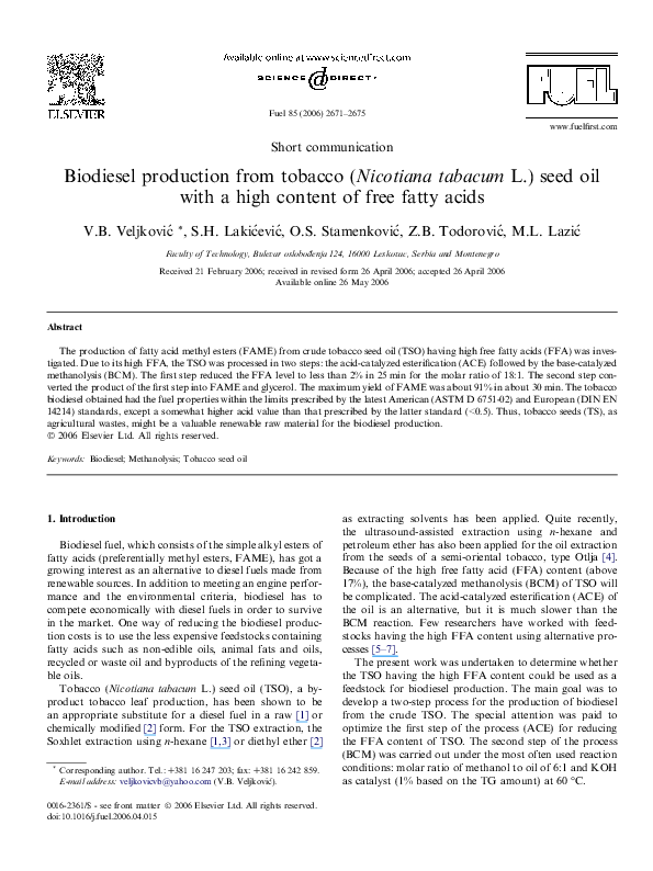 (PDF) Biodiesel production from tobacco (Nicotiana tabacum L.) seed oil ...