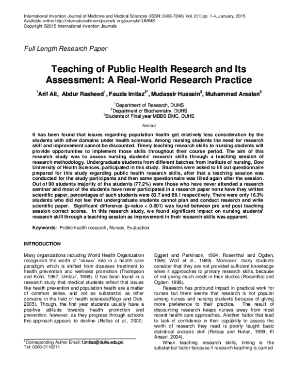 (PDF) Teaching of Public Health Research and Its Assessment: A Real ...