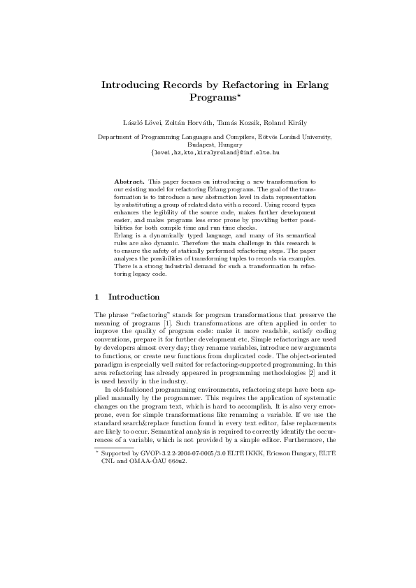 (PDF) Introducing records by refactoring in erlang programs