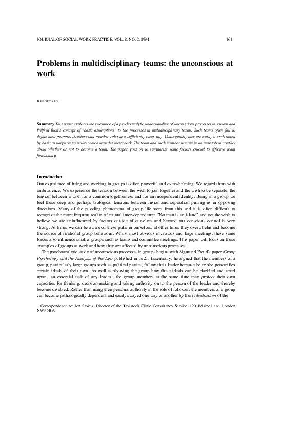 (PDF) Problems in Multidisciplinary Teams: The Unconscious at Work