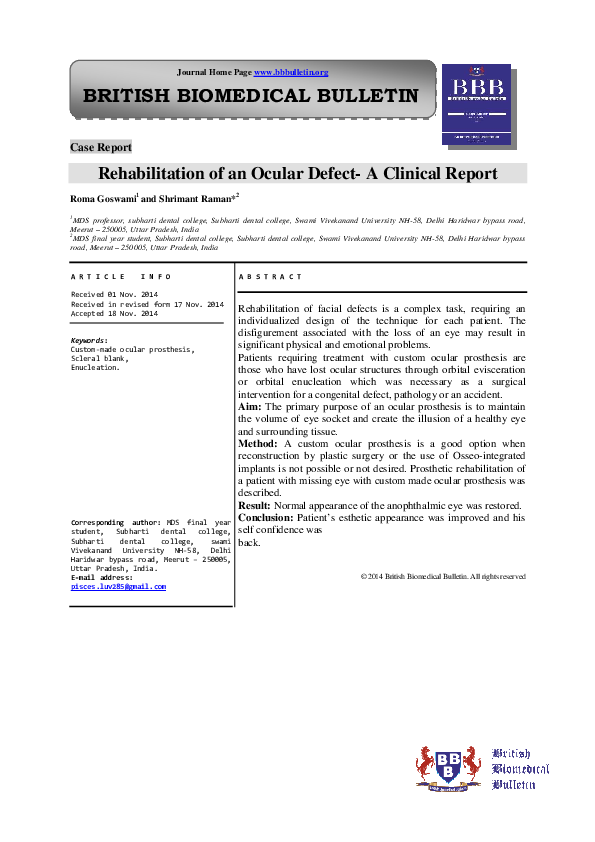 (PDF) Rehabilitation of an Ocular Defect- A Clinical Report