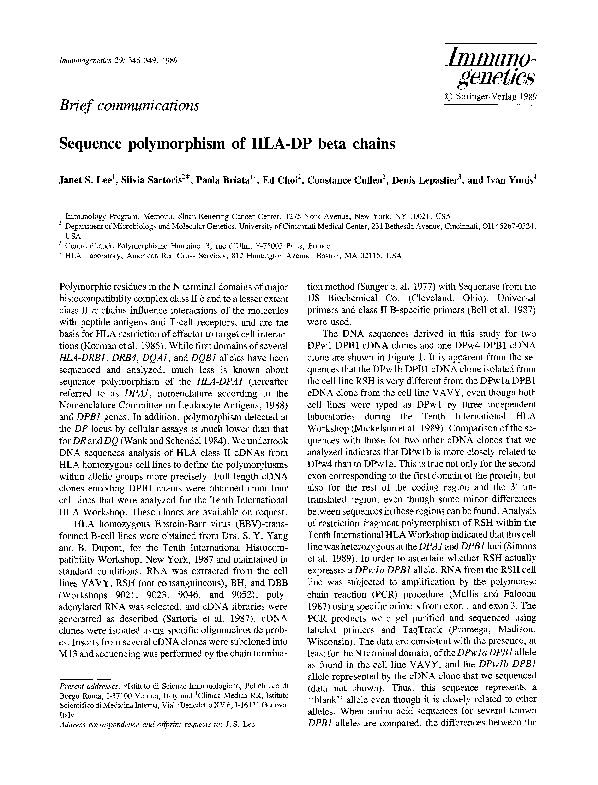 Pdf Sequence Polymorphism Of Hla Dp Beta Chains