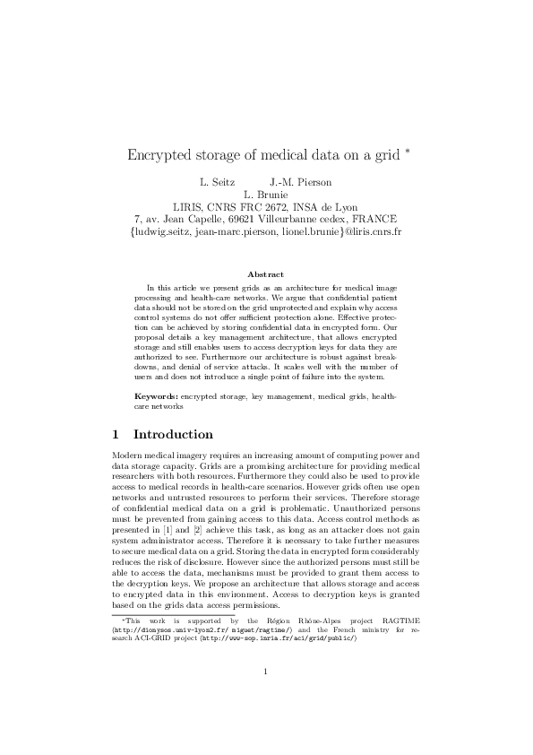 (PDF) Encrypted storage of medical data on a grid