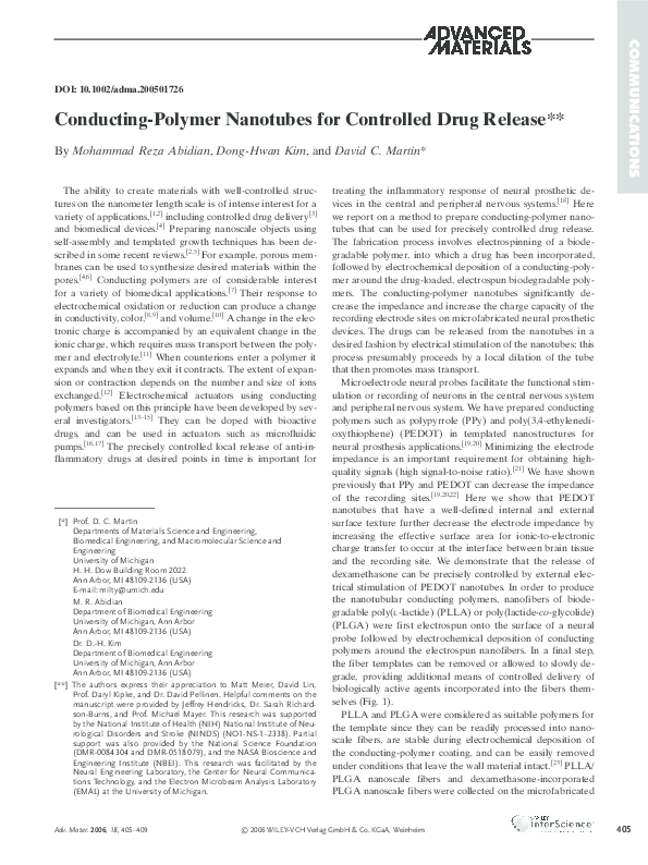 (PDF) Conducting-Polymer Nanotubes for Controlled Drug Release