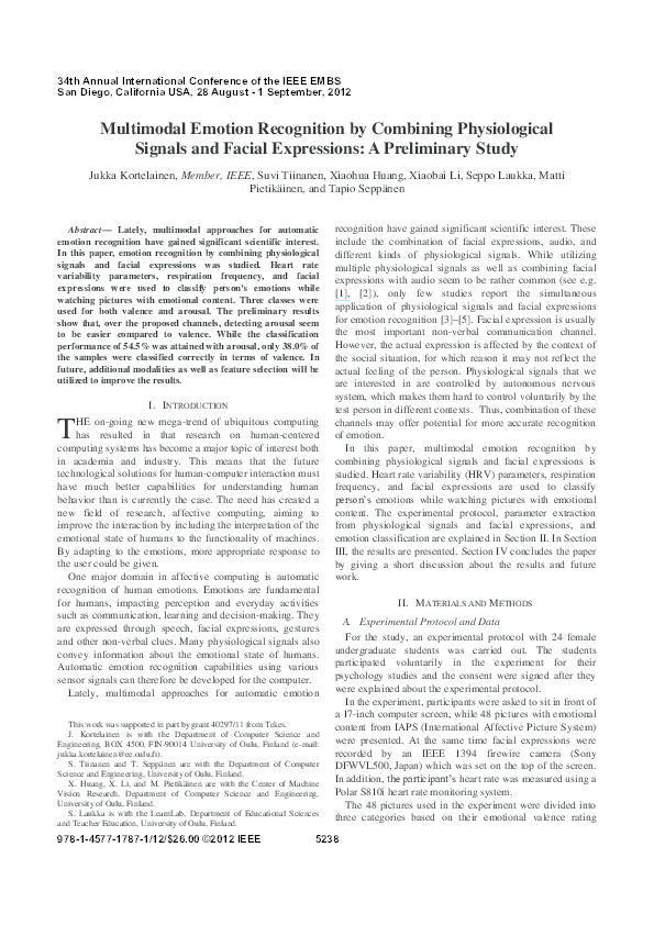 (PDF) Multimodal emotion recognition by combining physiological signals and facial expressions ...