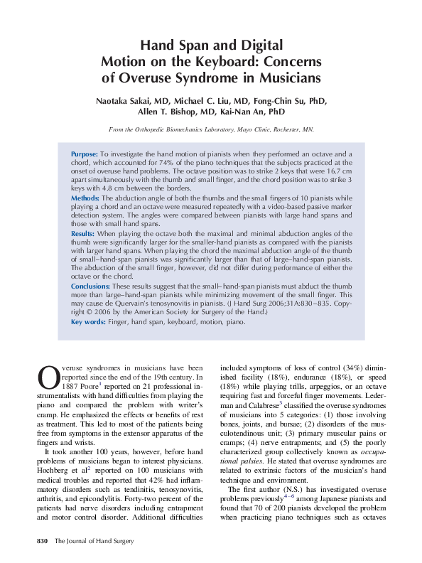 (PDF) Hand Span and Digital Motion on the Keyboard: Concerns of Overuse ...