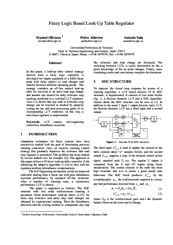 (PDF) Fuzzy Logic Based Look-Up Table Regulator (PDF) Fuzzy Logic Based Look-Up Table Regulator