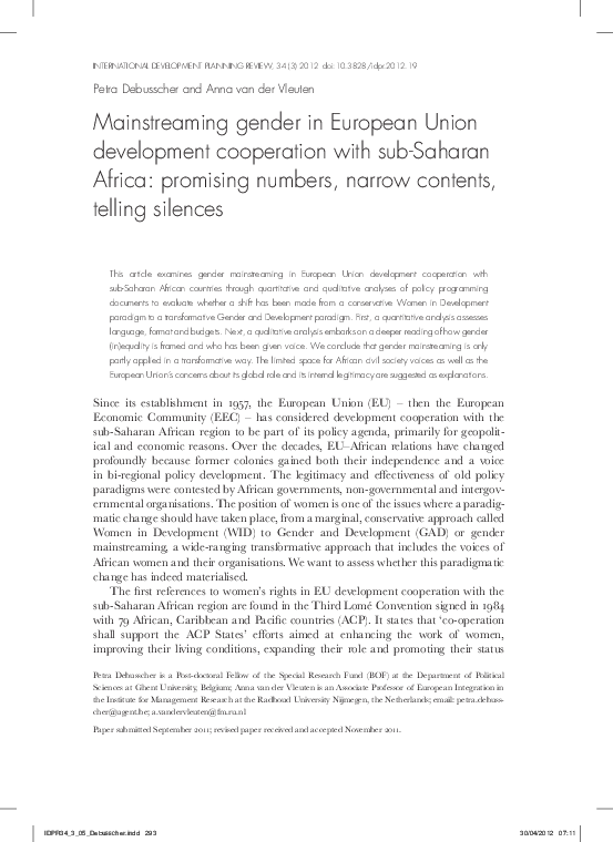 (PDF) Mainstreaming gender in European Union development cooperation with sub-Saharan Africa ...