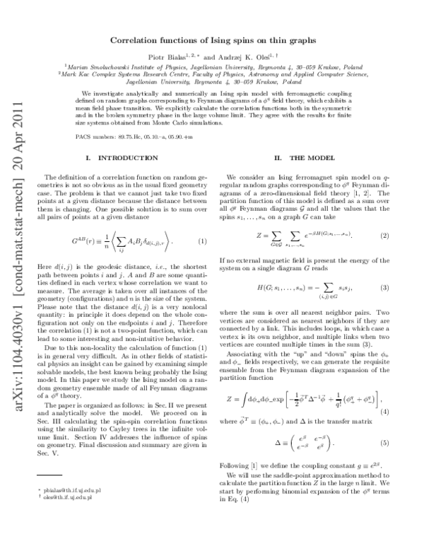 Pdf Correlation Functions Of Ising Spins On Thin Graphs