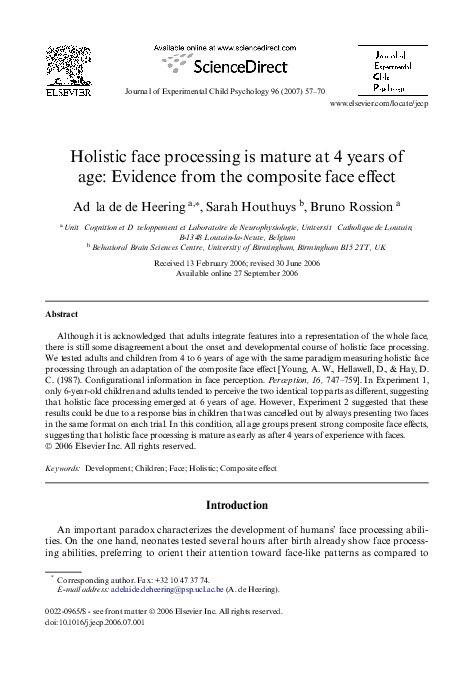 (PDF) Holistic face processing is mature at 4 years of age: Evidence ...