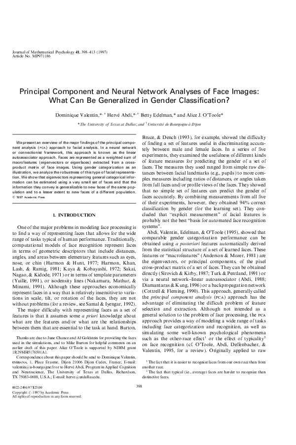 Pdf Principal Component And Neural Network Analyses Of Face Images What Can Be Generalized In