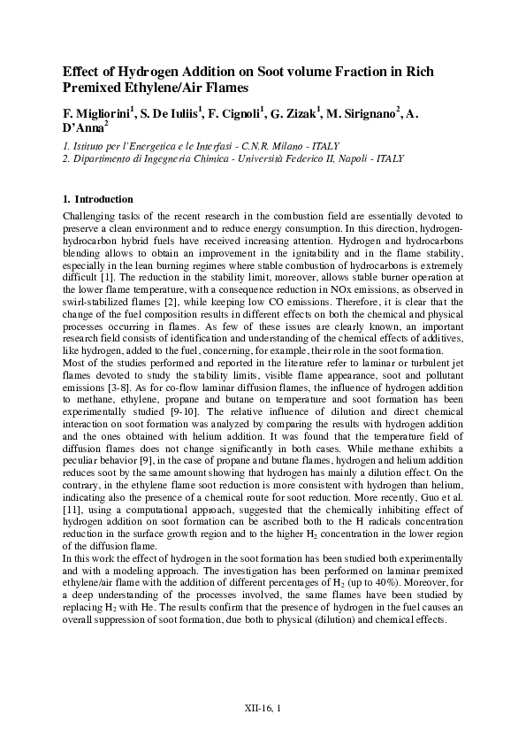 (PDF) Effect of Hydrogen Addition on Soot volume Fraction in Rich Premixed Ethylene/Air Flames