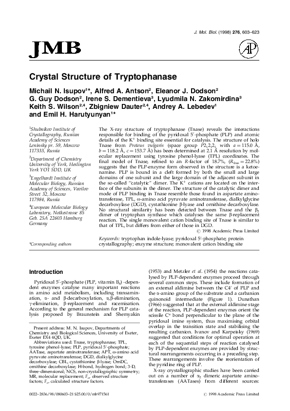 (PDF) Crystal structure of tryptophanase