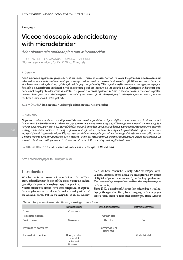 (PDF) Videoendoscopic adenoidectomy with microdebrider Adenoidectomia ...