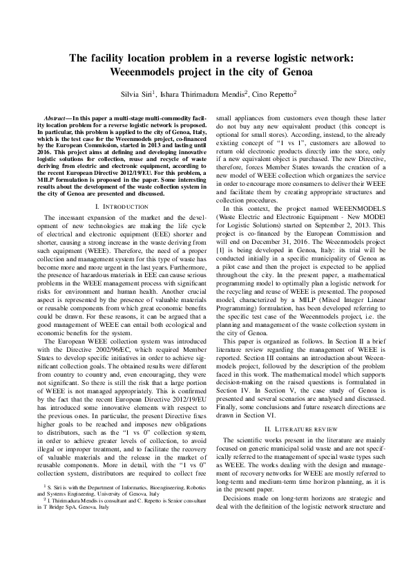 (PDF) The facility location problem in a reverse logistic network ...