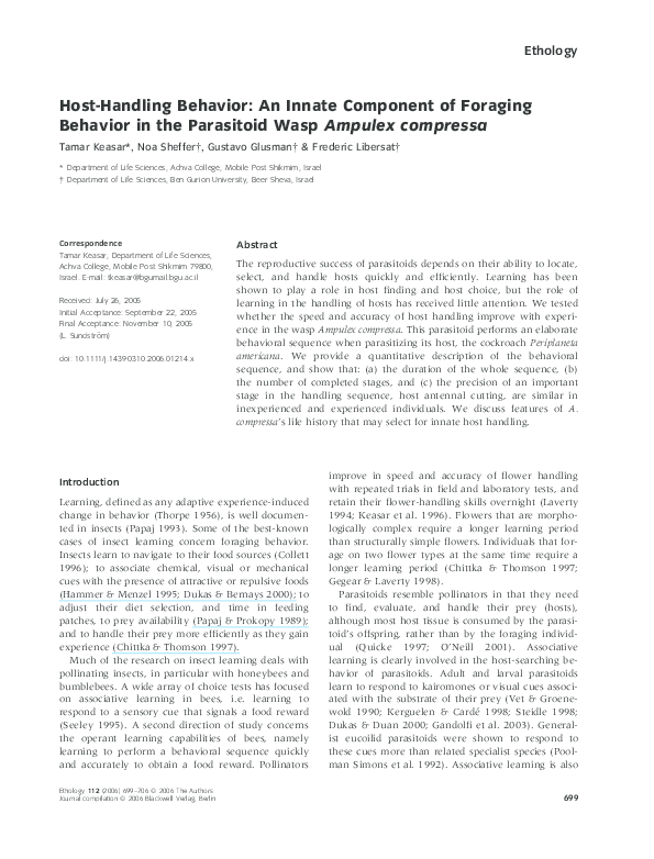 (PDF) Host-Handling Behavior: An Innate Component of Foraging Behavior ...