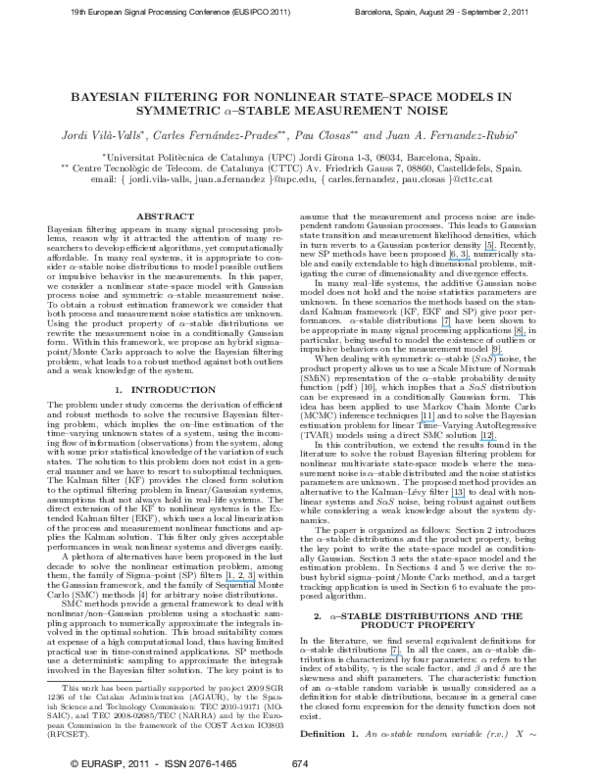 (PDF) Bayesian filtering for nonlinear state-space models in symmetric alpha-stable measurment noise