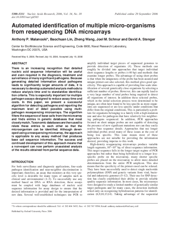 Pdf Automated Identification Of Multiple Micro Organisms From Resequencing Dna Microarrays