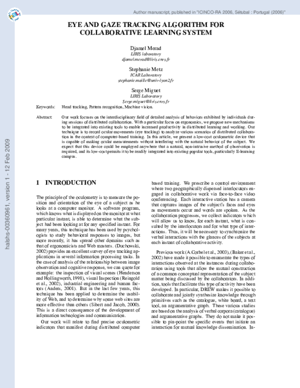 Pdf Eye And Gaze Tracking Algorithm For Collaborative Learning System