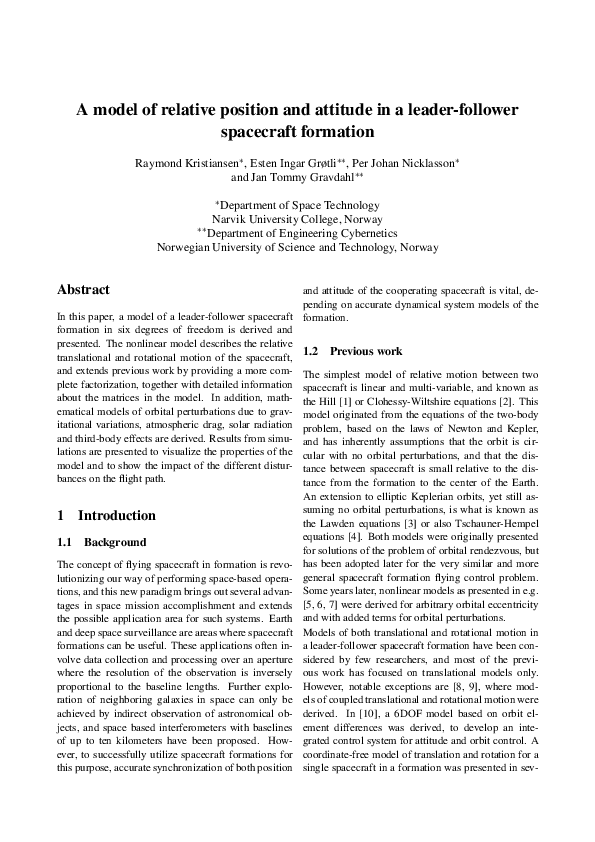 Pdf A Model Of Relative Position And Attitude In A Leader Follower Spacecraft Formation