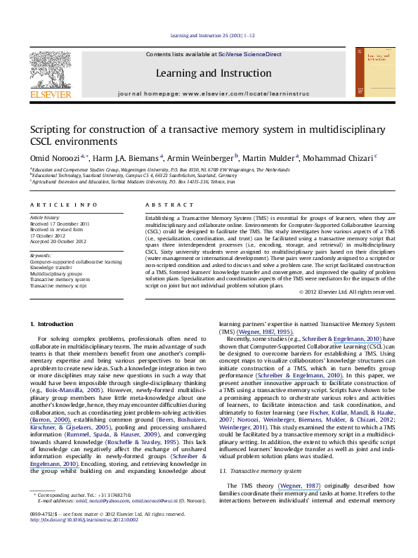 Pdf Scripting For Construction Of A Transactive Memory System In Multidisciplinary Cscl