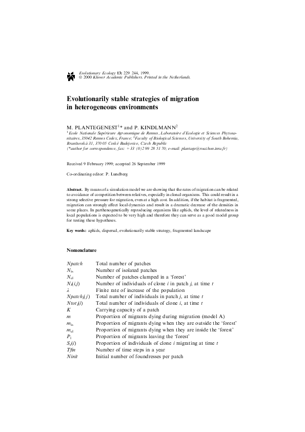 (PDF) Evolutionarily stable strategies of migration in heterogeneous environments