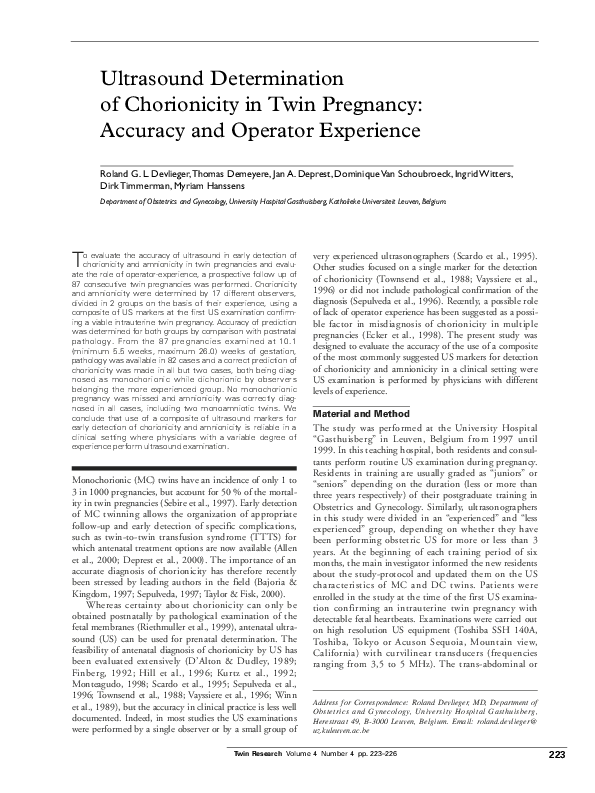 (PDF) Ultrasound Determination of Chorionicity in Twin Pregnancy ...