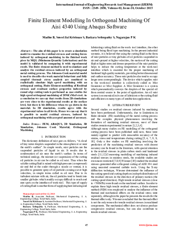 Pdf Finite Element Modelling In Orthogonal Machining Of Aisi 4340 Using Abaqus Software