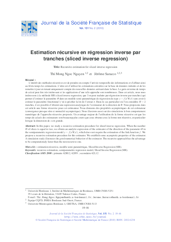 (PDF) Estimation récursive en régression inverse par tranches (sliced inverse regression)