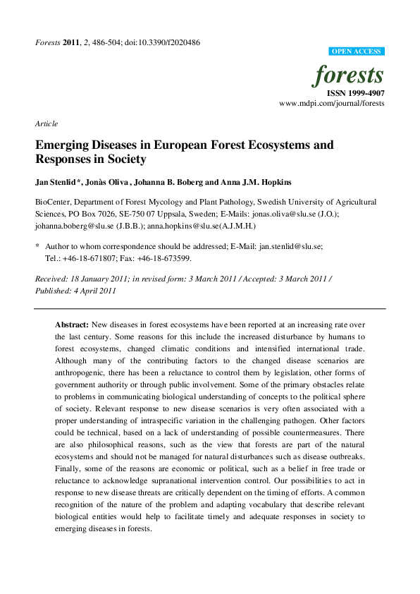 (PDF) Emerging Diseases in European Forest Ecosystems and Responses in ...